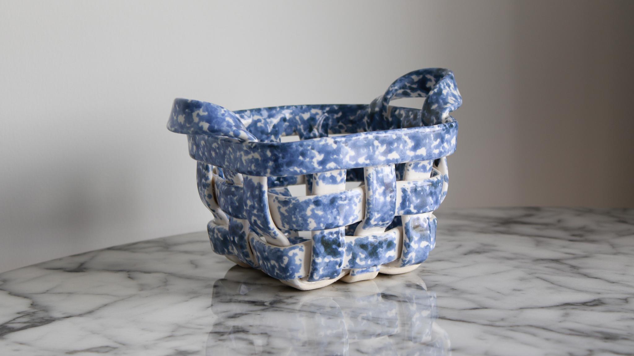 Handmade Ceramic Basket Vintage Blue & White Speckled Glaze - Etsy