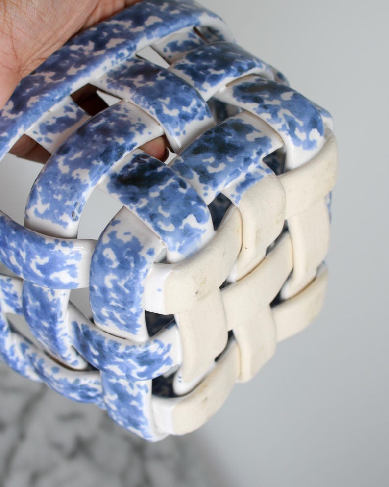 Handmade Ceramic Basket Vintage Blue & White Speckled Glaze - Etsy