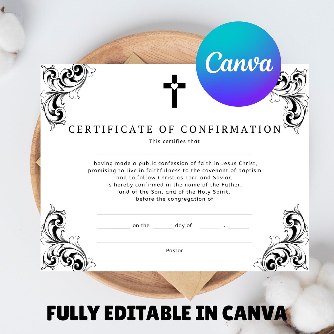 Gold Certificate of Confirmation, 11x8.5 Confirmation Certificate Template, Printable Church ...
