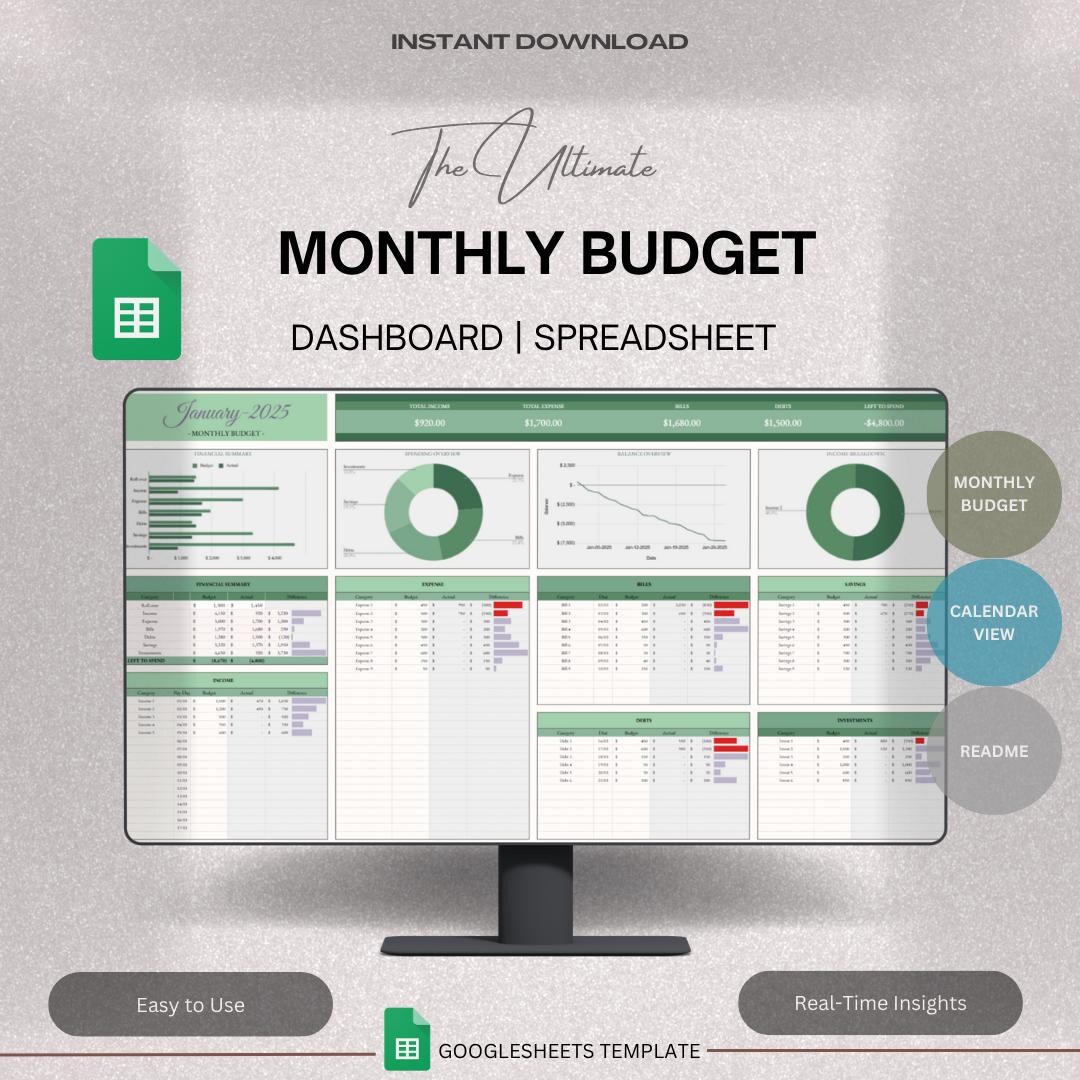 2025 Monthly Budget Spreadsheet | Bill Calendar | Simple Paycheck ...