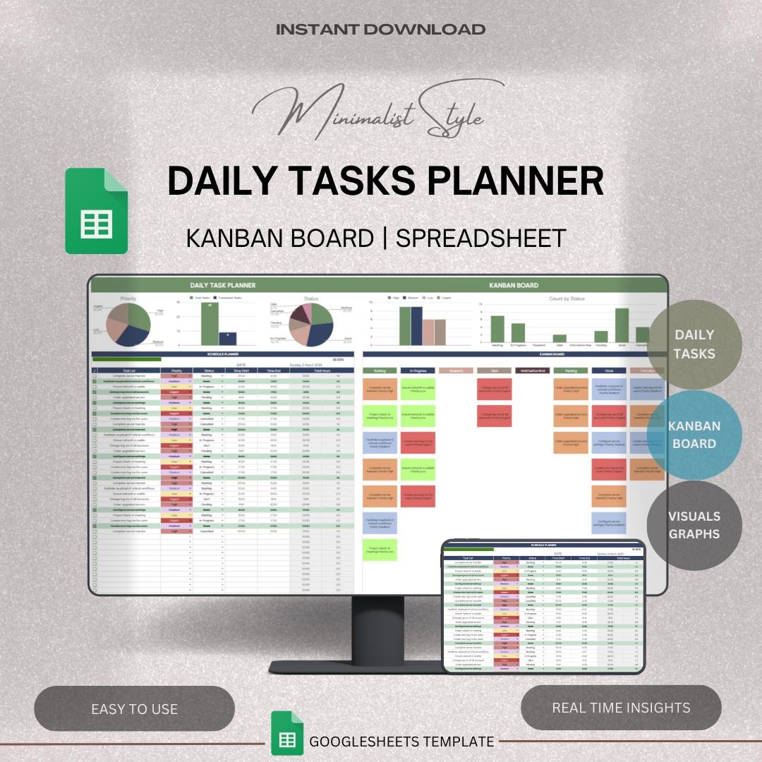 Daily Task W/ Kanban Board for Small Business Project Planning To-do List Project Template Task ...
