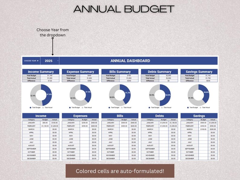 2025 Annual & Monthly Budget Spreadsheet | Income and Expenses Tracker ...