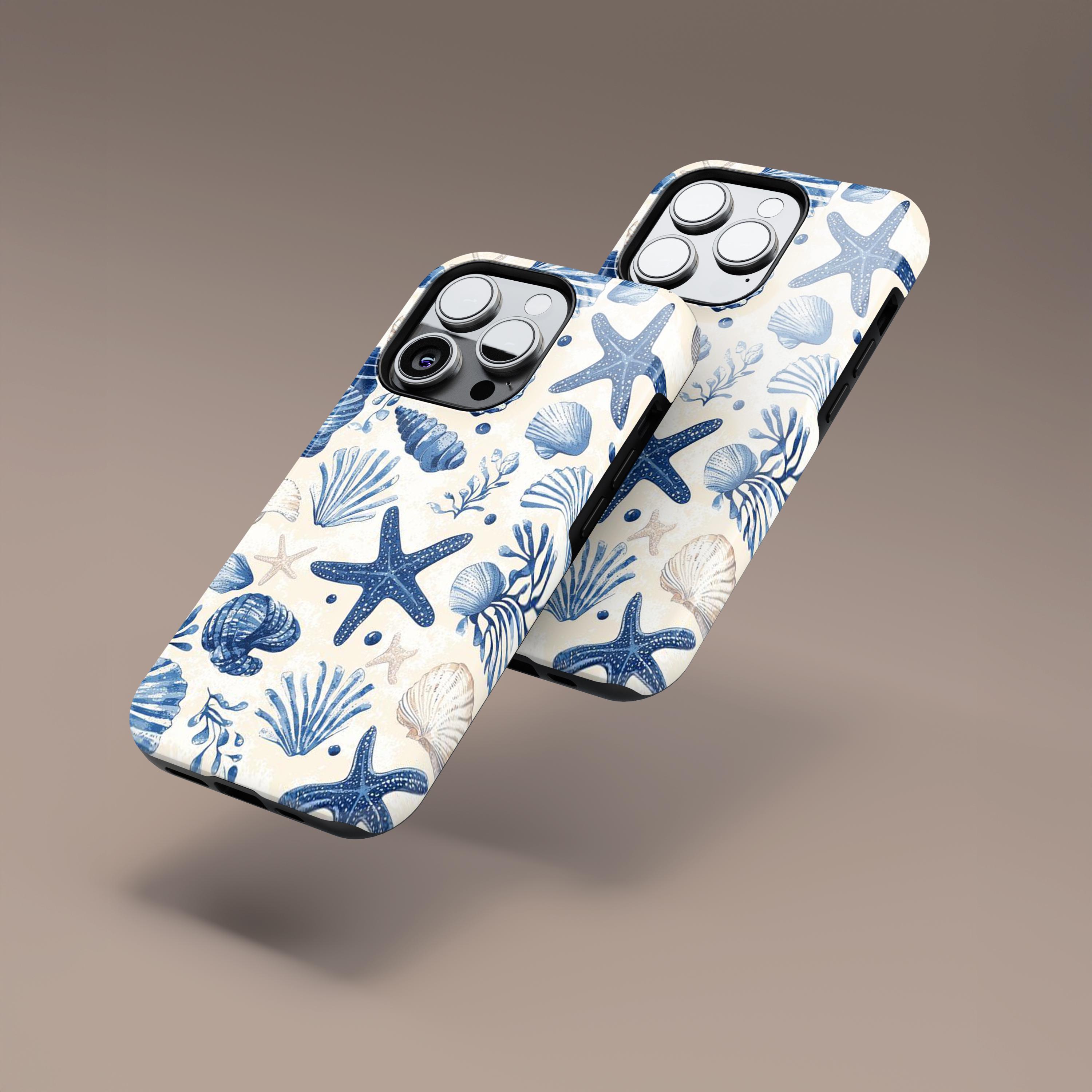 Watercolor Blue Nautical Coastal Beach Starfish and Seashells Phone Case, iPhone 16 15 14 13 12 ...