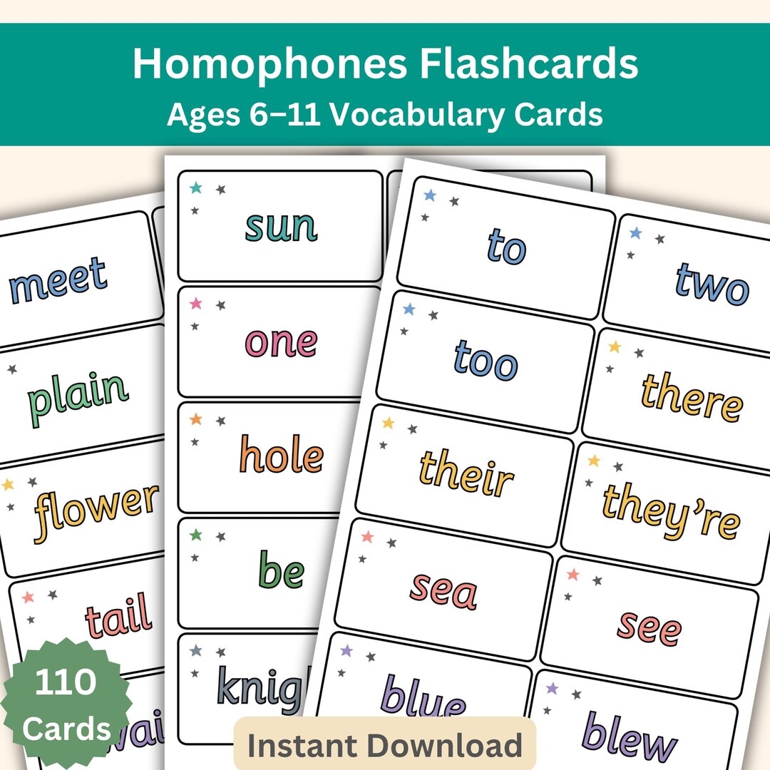 110 Homophones Flashcards for Kids | Vocabulary Cards | Same-sound ...