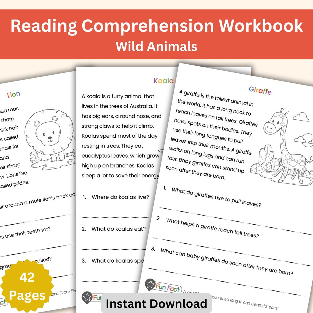 Wild Animals Reading Comprehension Worksheets | Short Passages With ...