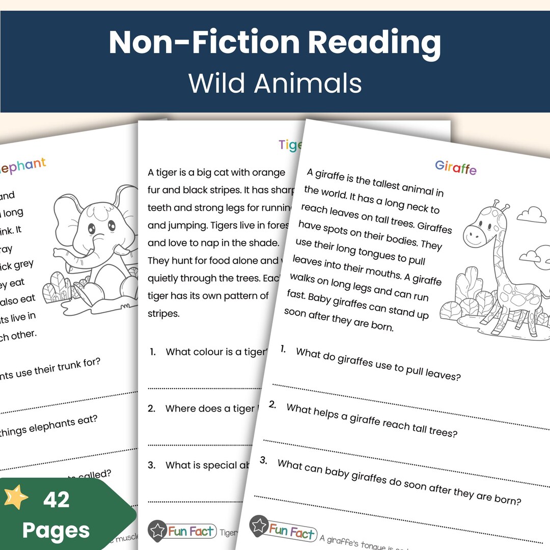 Non-fiction Reading Comprehension | Wild Animals Worksheets | Short ...