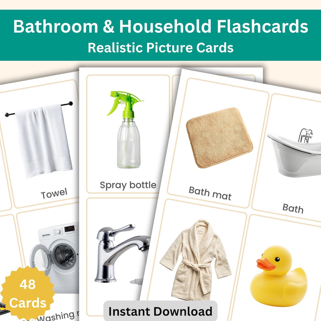 Bathroom & Household Objects Flashcards | 48 Montessori Picture Cards ...