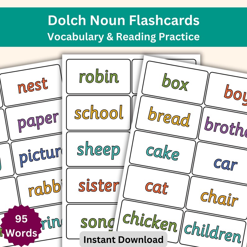 Dolch Noun Flashcards | 95 Printable Word Cards | Boost Vocabulary ...