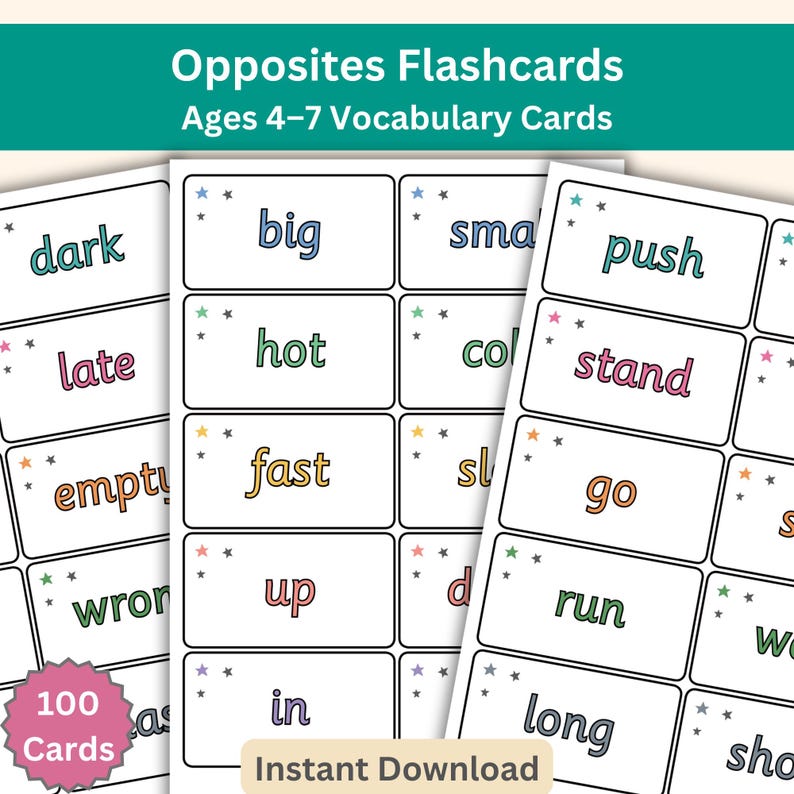 100 Opposites Flashcards | Vocabulary Practice for Kids | KS1 English ...