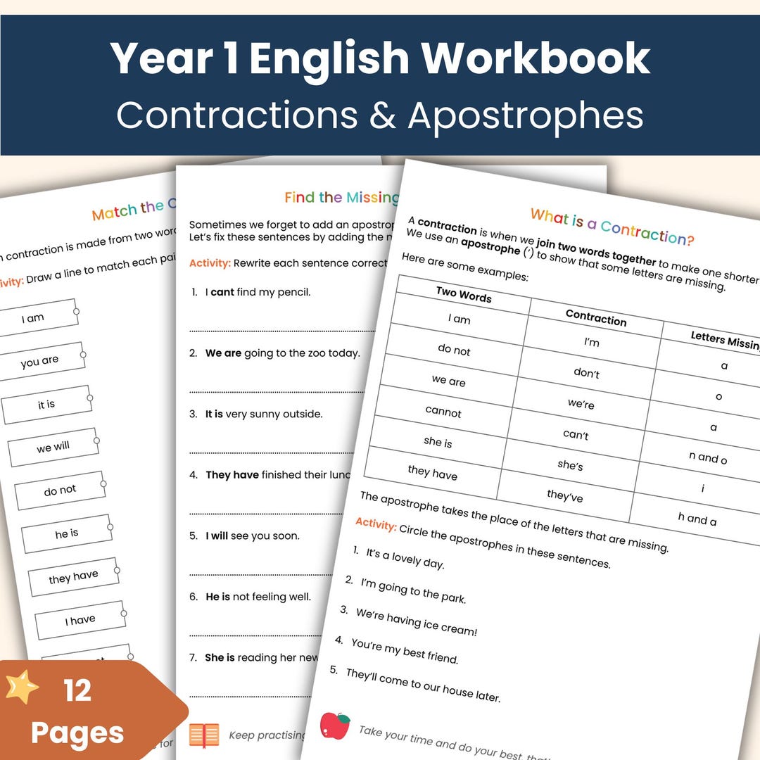 Year 1 English Workbook | Contractions & Apostrophes | Grammar Skills ...
