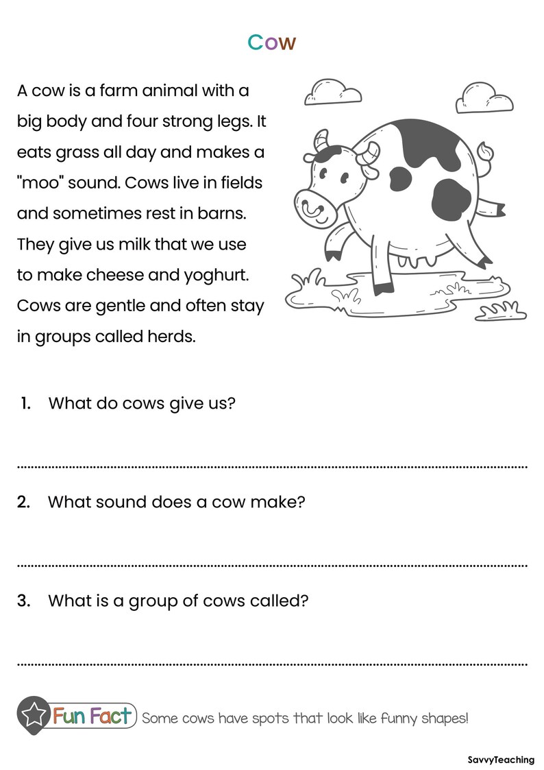 Farm Animals Reading Comprehensions Workbook | 17 Animal Passages With ...
