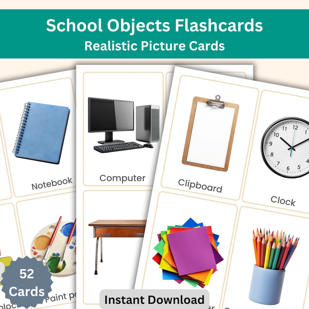 School Objects Flashcards | 52 Montessori Picture Cards for Kids ...