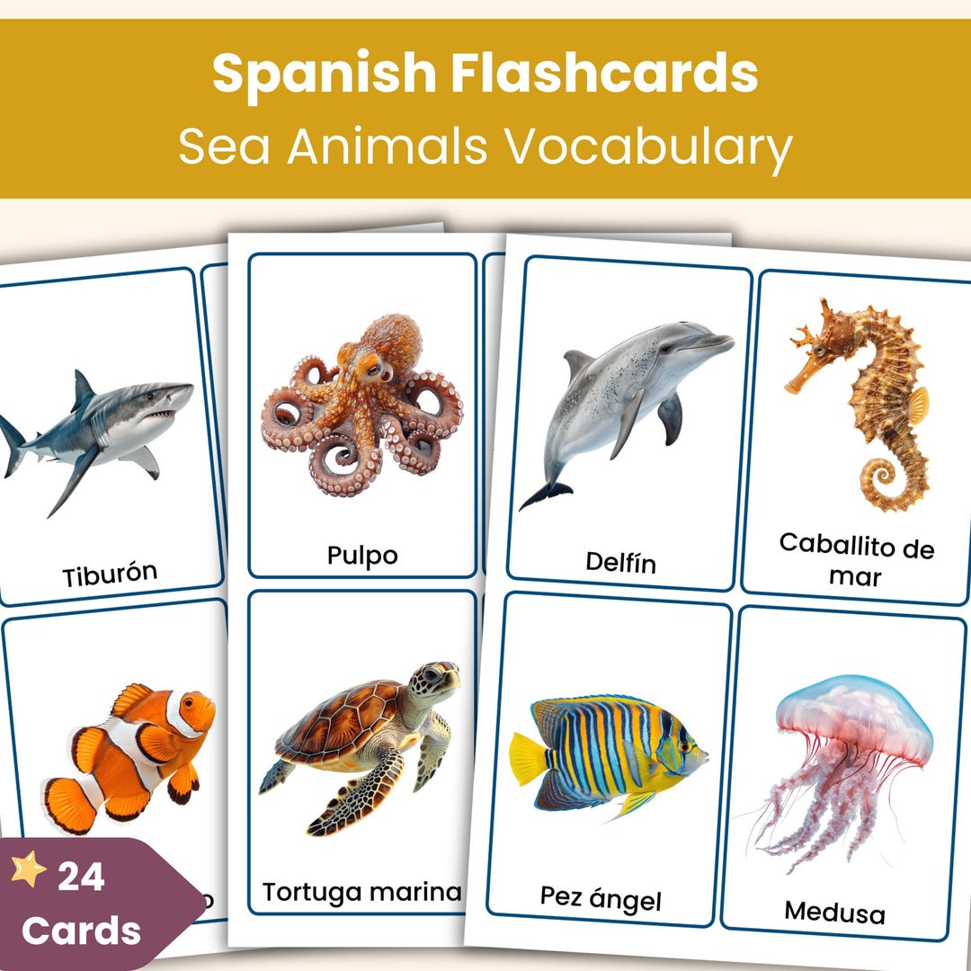 Spanish Sea Animals Flashcards | 24 Printable Vocabulary Cards for Kids ...
