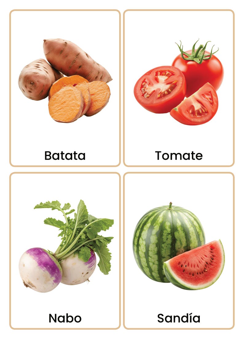 Spanish Fruit & Vegetable Flashcards | 60 Food Vocabulary Cards for ...