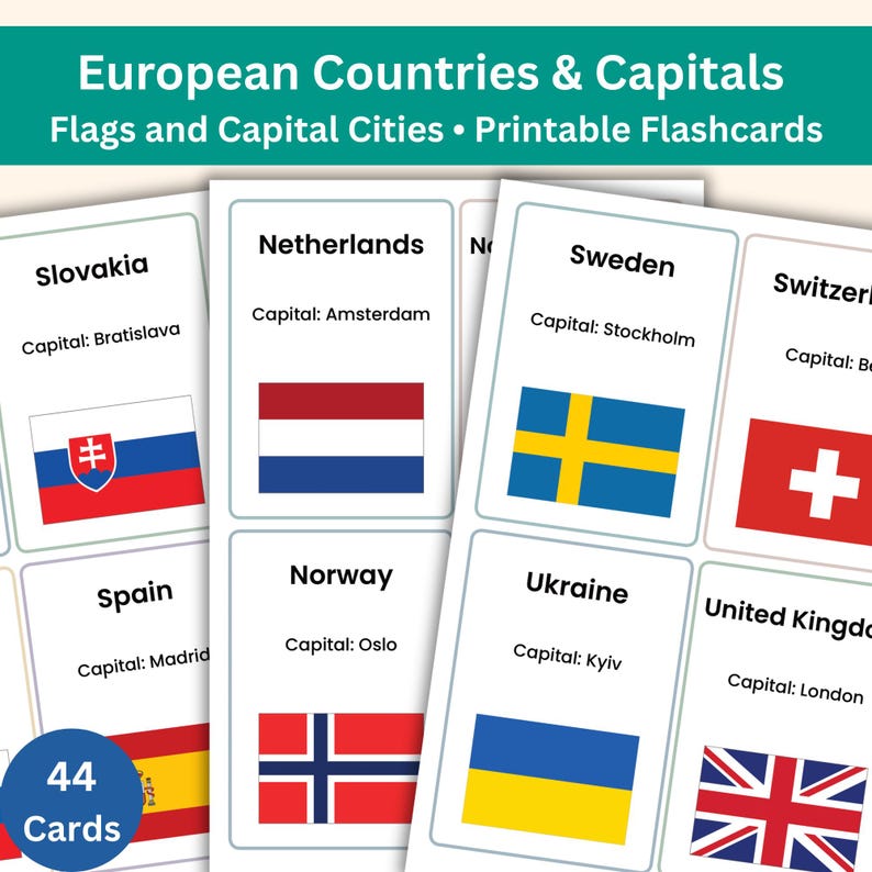 European Countries & Capitals Flashcards | 44 Flags and Capital Cities ...