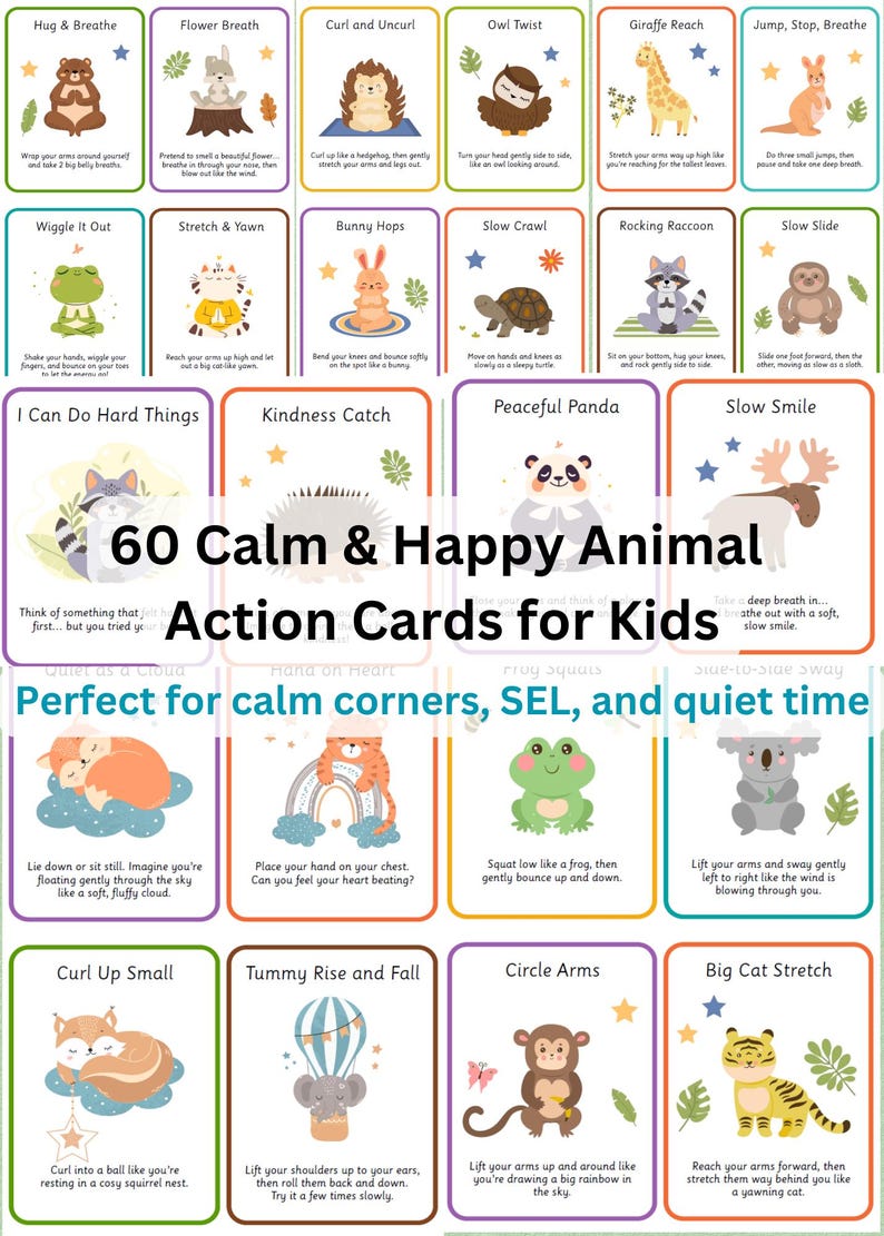 Mindfulness and Movement Cards for Kids – 60 Calm Animal-themed ...