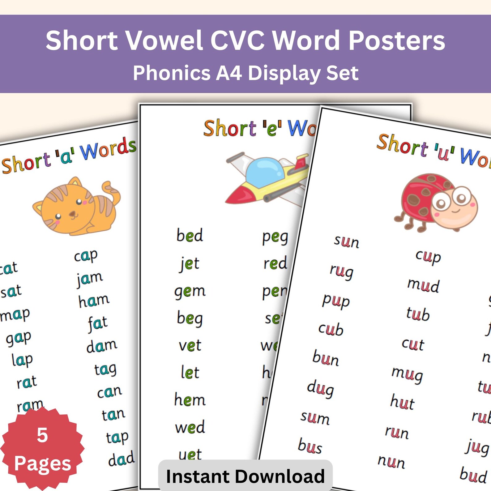 Short Vowel CVC Word Posters – A4 Printable Phonics Set - Etsy