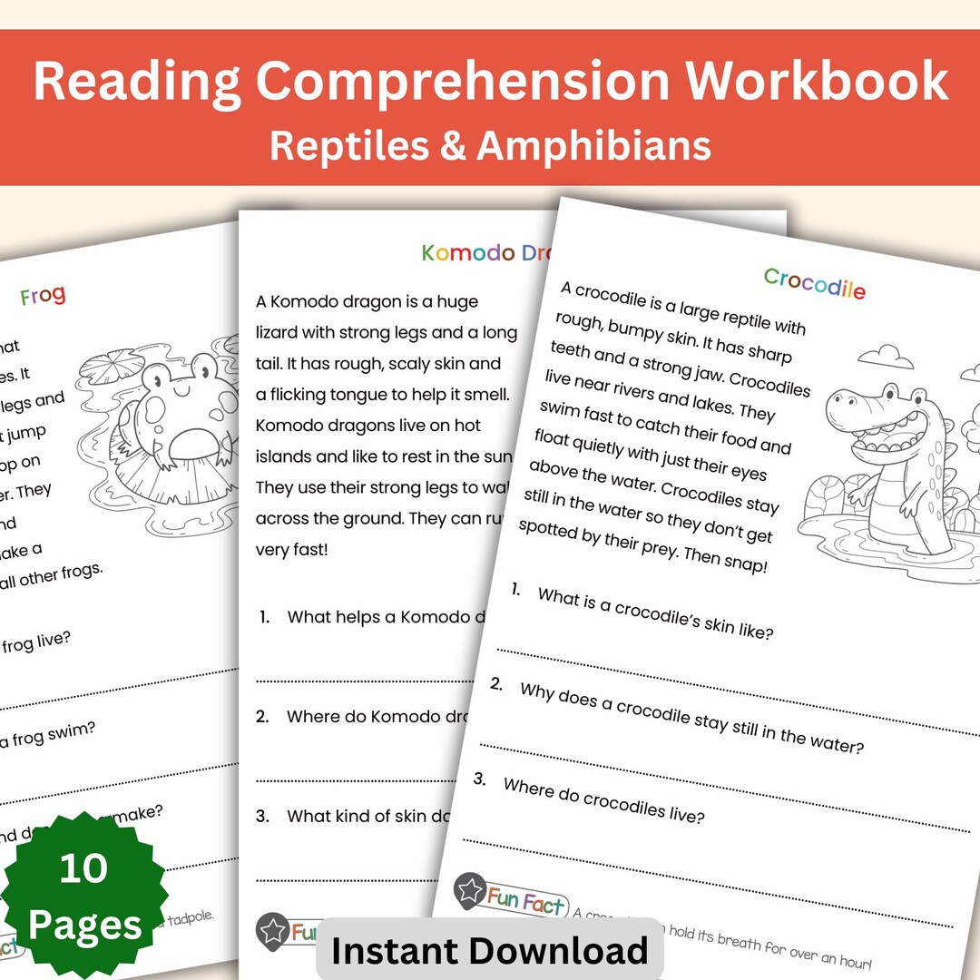 Reptiles and Amphibians Reading Comprehensions Workbook | 10 Animal ...
