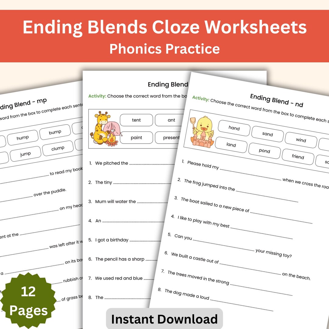 Ending Blends Cloze Sentence Workbook | Phonics Practice | Literacy ...