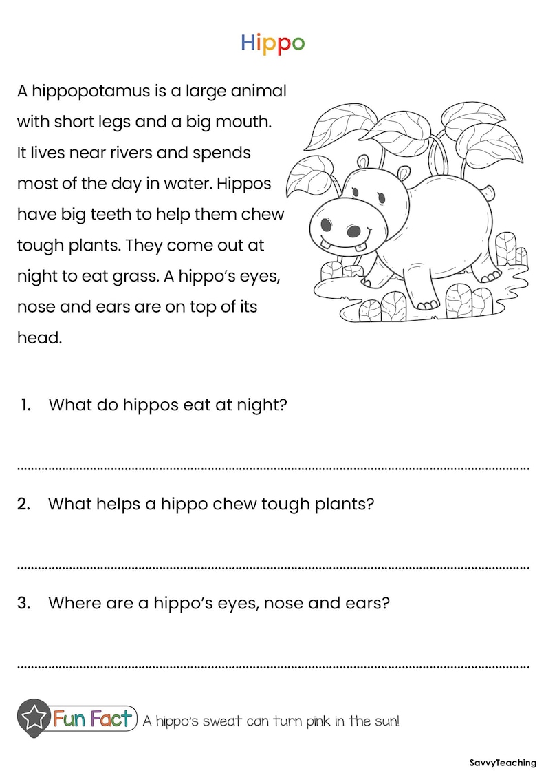Non-fiction Reading Comprehension | Wild Animals Worksheets | Short ...
