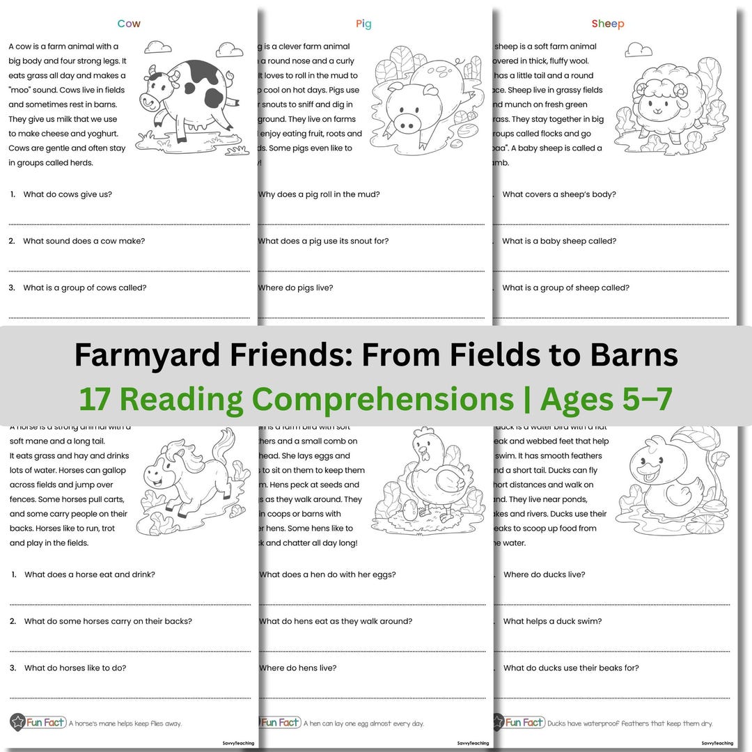 Farm Animals Reading Comprehensions Workbook | 17 Animal Passages With ...