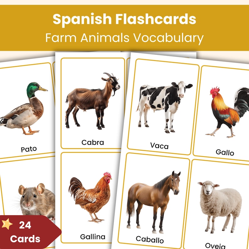 Spanish Farm Animals Flashcards | 24 Printable Vocabulary Cards for ...