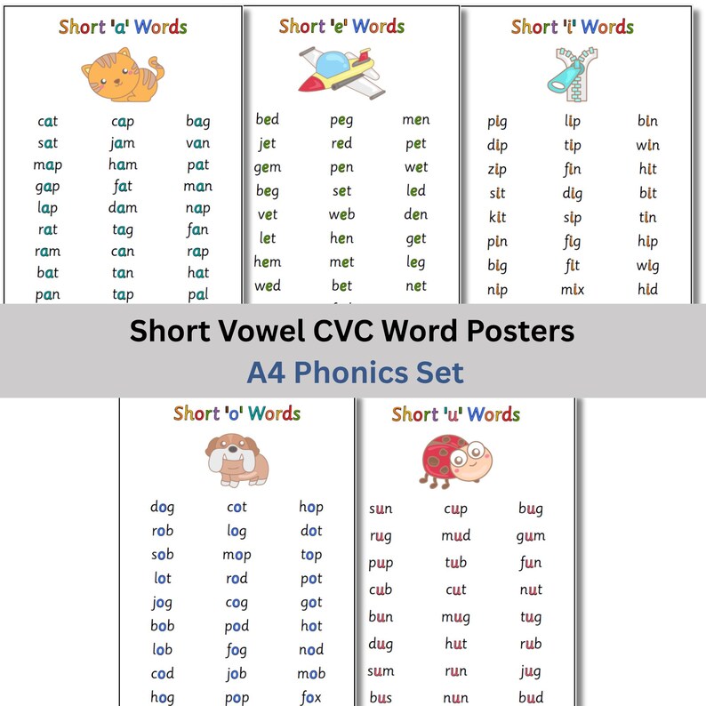 Short Vowel CVC Word Posters – A4 Printable Phonics Set - Etsy