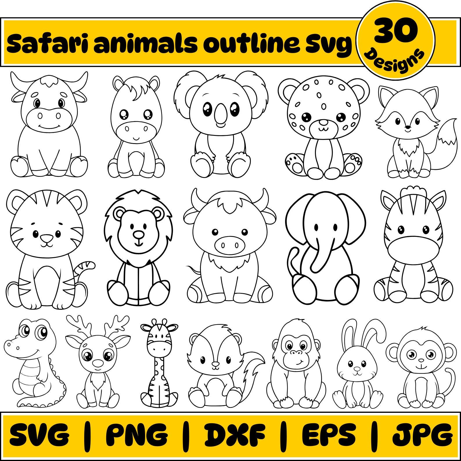 Safari Animals Outline Svg Bundle, African Jungle Animal Svg, Cute Wild ...