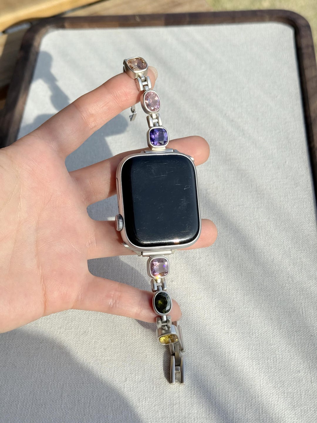 Silver Metal Chain Apple Watch Band: Colourful Gemstone Bracelet Style ...