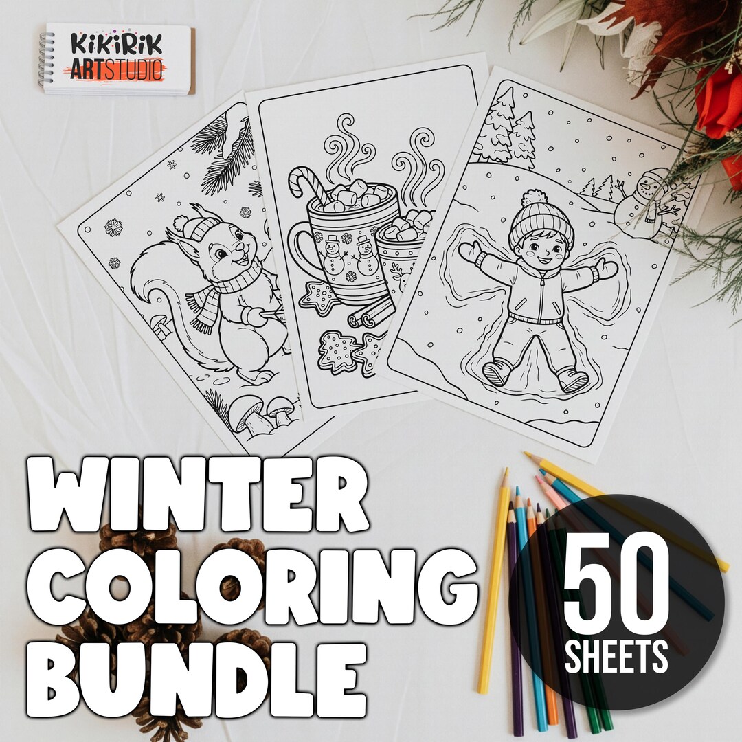 50 Winter Coloring Pages for Kids, Cozy Winter Activity Book, Snow ...