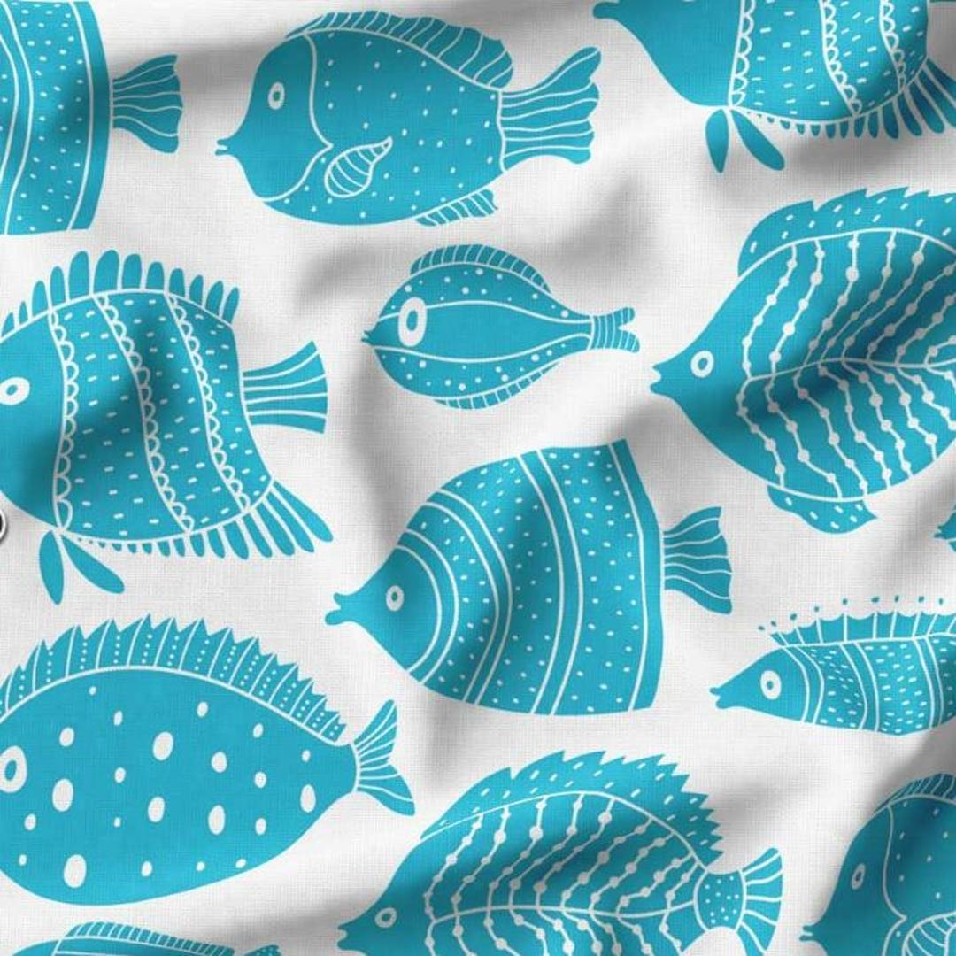 Turquoise Fish Pattern Fabric by the Yard,nautical Ocean Life Print ...