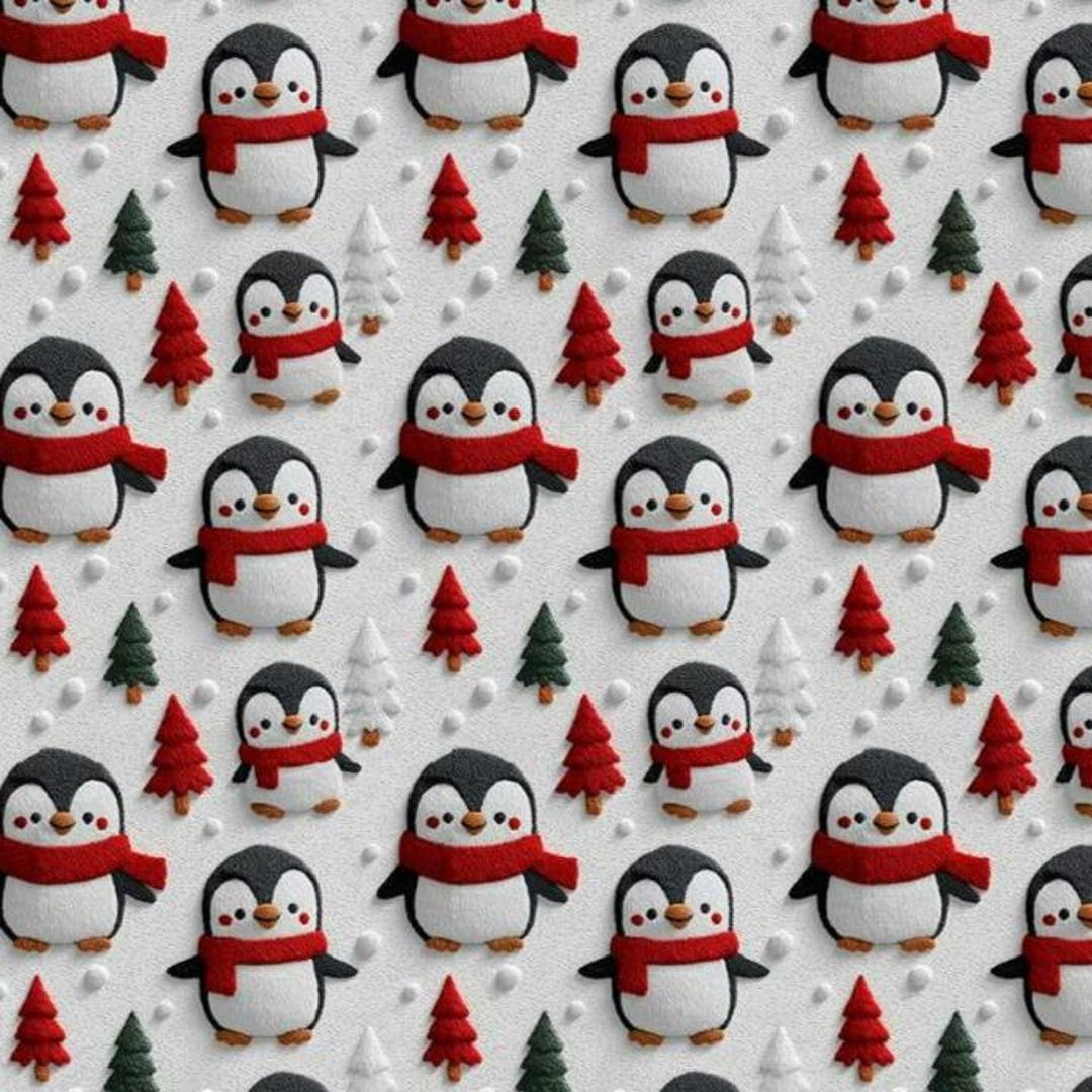 3D Embroidery Effect Penguins Print Fabric: Christmas Upholstery Fabric ...