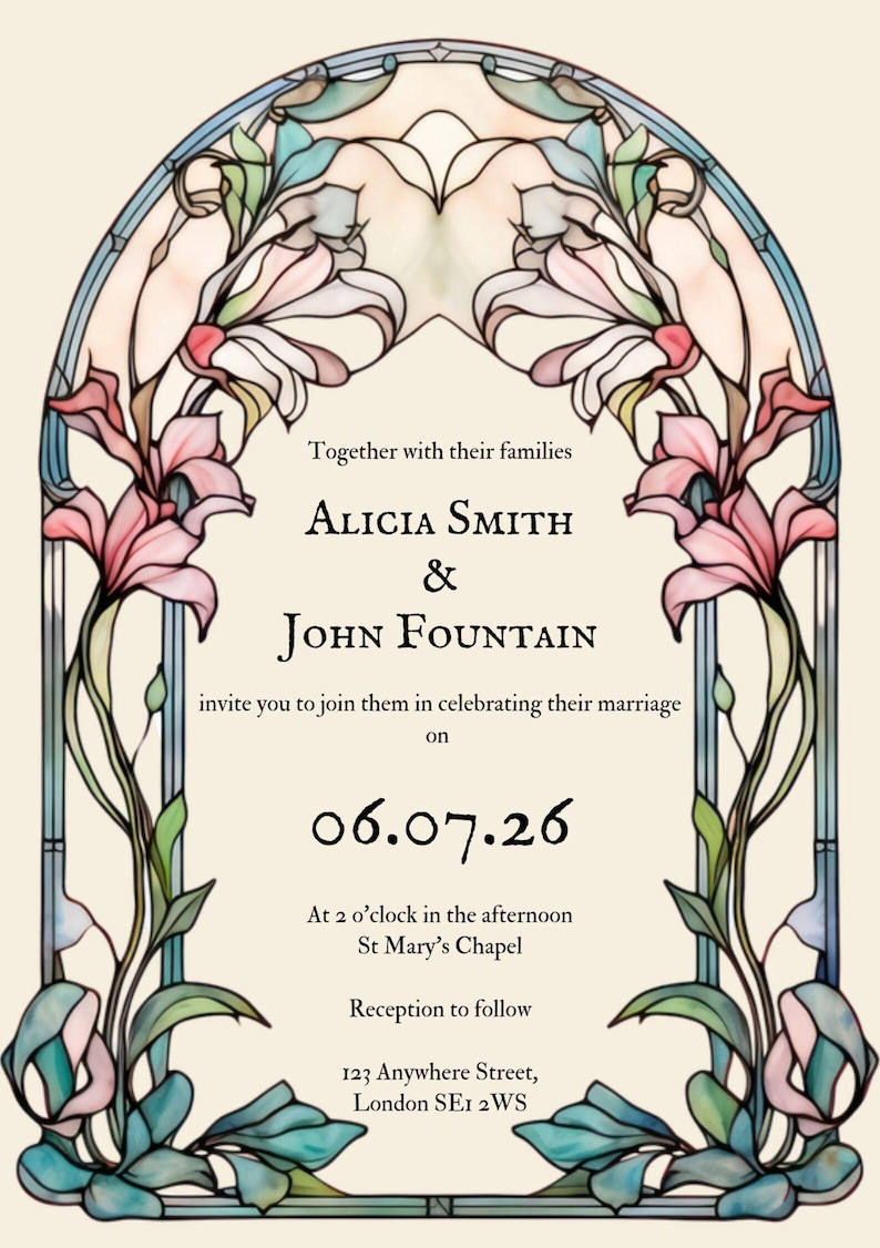 Stained Glass Wedding Invitation: Art Deco, Custom Colors (digital ...
