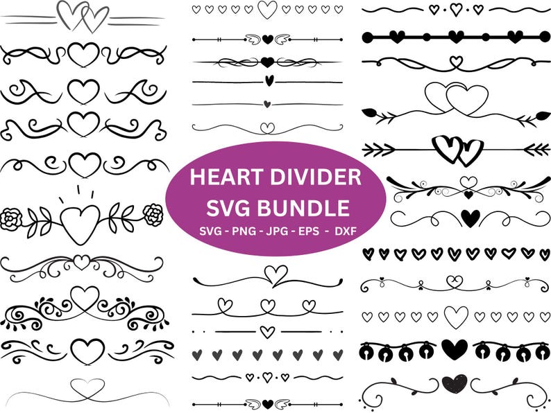 Heart Text Dividers SVG Bundle: Wedding & Doodle Borders (digital ...