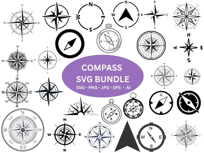 Nautical Compass SVG Bundle, North South East West, Cut Files (instant ...