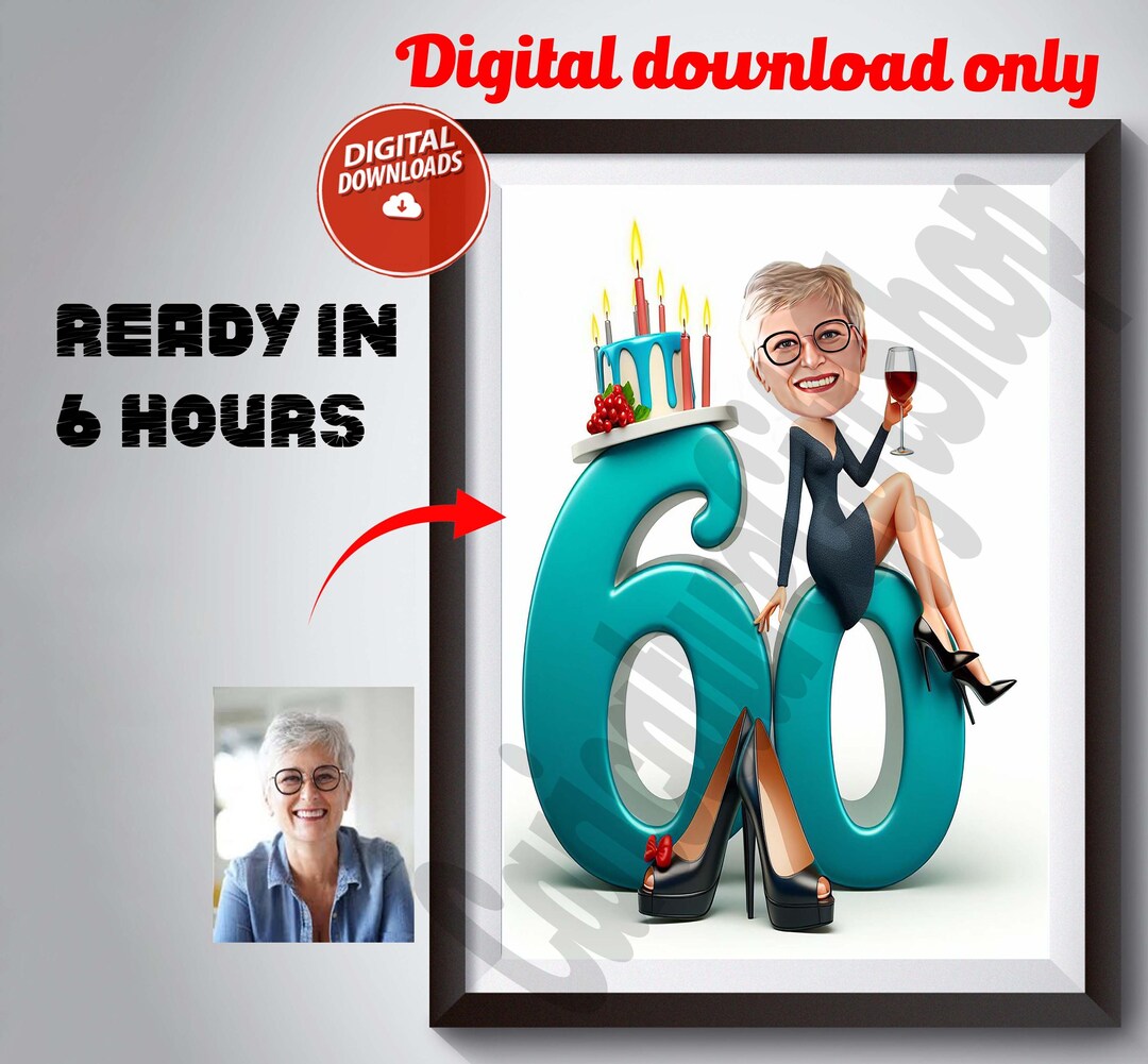 Personalised 60th Cartoon Portrait, Custom Happy Birthday Caricature ...