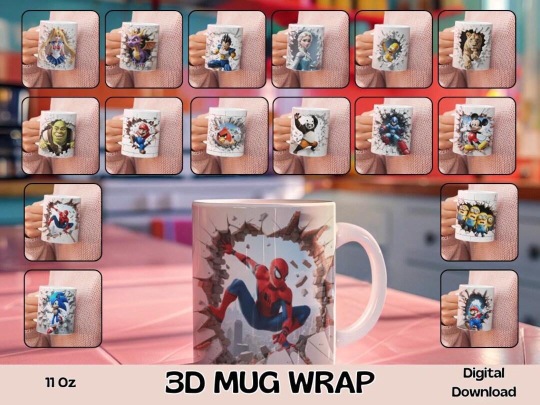 3D Cartoon Mug Wrap PNG: Classic Movie Characters, 11oz (digital ...
