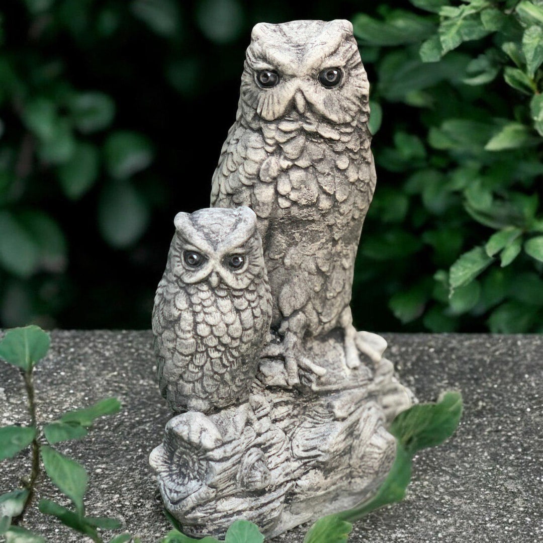 Stone Owl Statue Concrete Family Owl Figurine Garden Birds Ornament ...