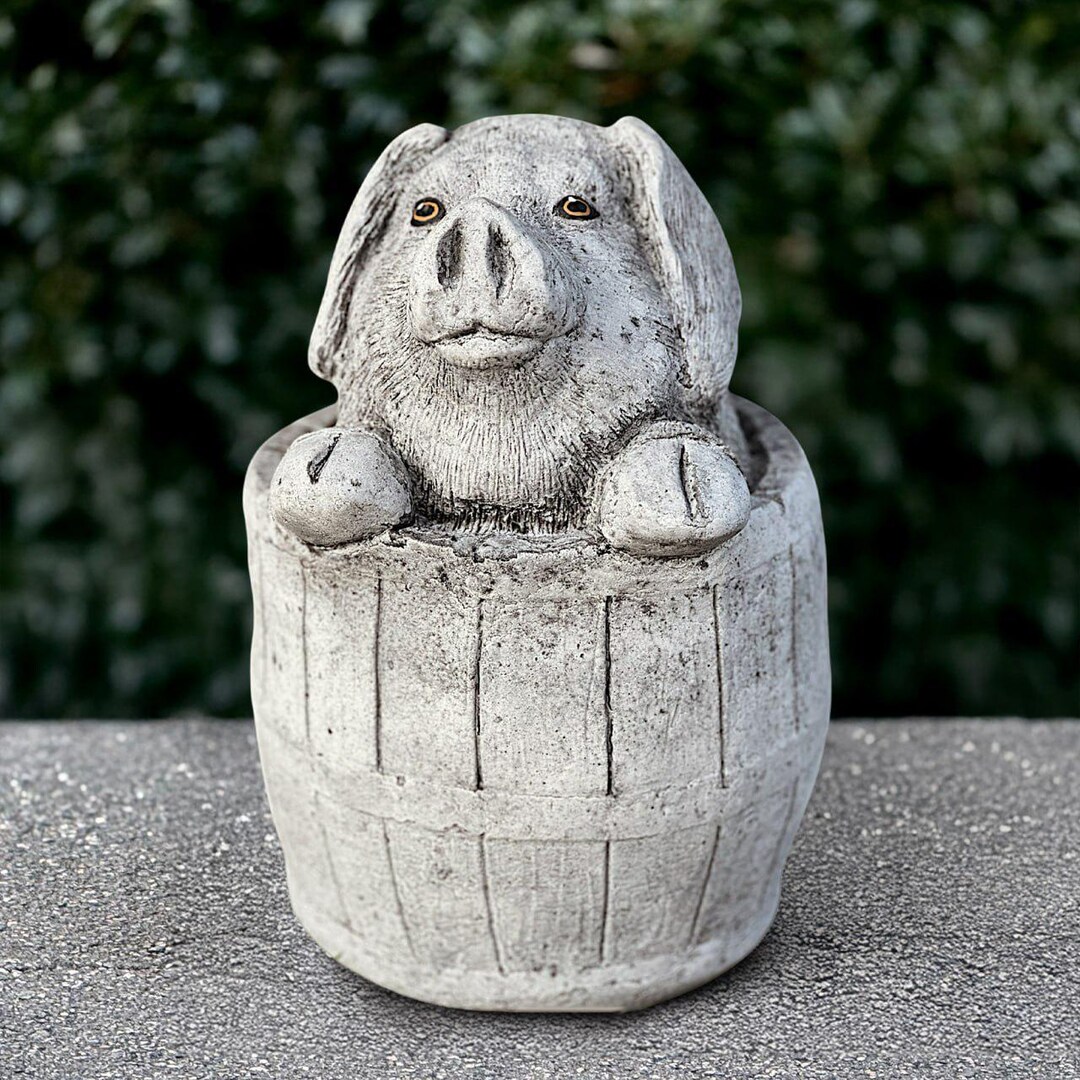 Stone Pig in Barrel Statue Concrete Piglet Sculpture Farm Animal Decor ...