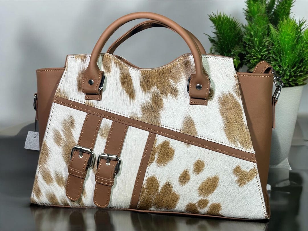 Western Style Cow Hairon Leather Ladies Tote Bag | Unique Tan & White ...