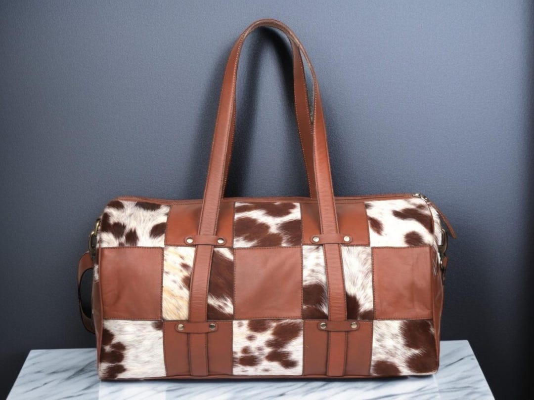 Handmade Cowhide Patchwork Duffle Bag: Western Style Leather Travel Bag ...