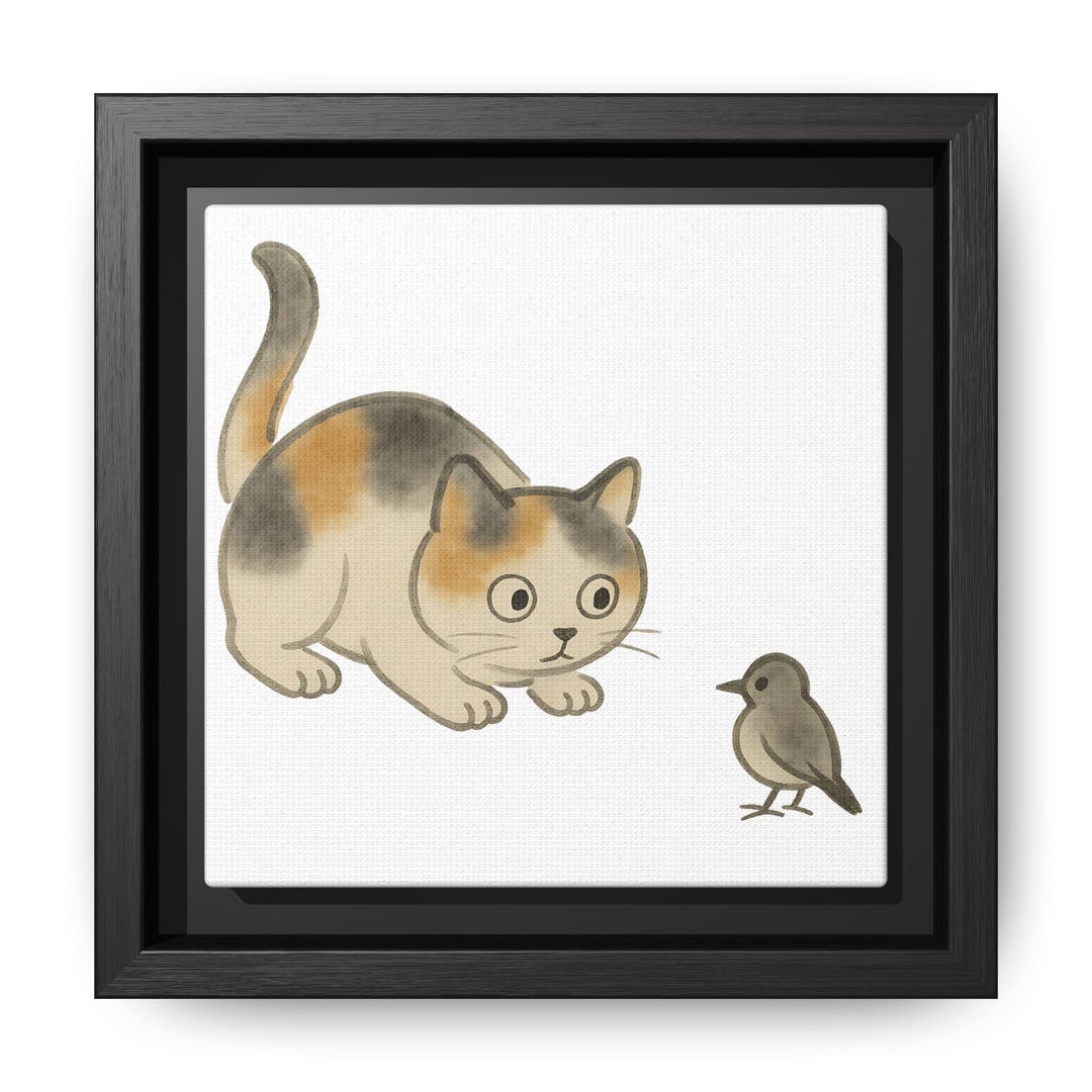 Canvas Wall Art, Matte Poster Print, Framed Calico Cat and Bird Cute ...