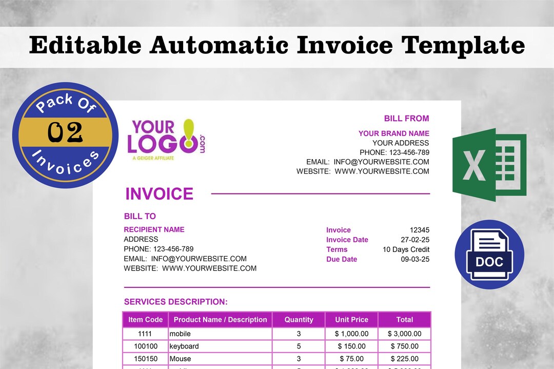Automated Invoice Template Excel. Business Invoice With Your Database. Invoice Template Excel ...