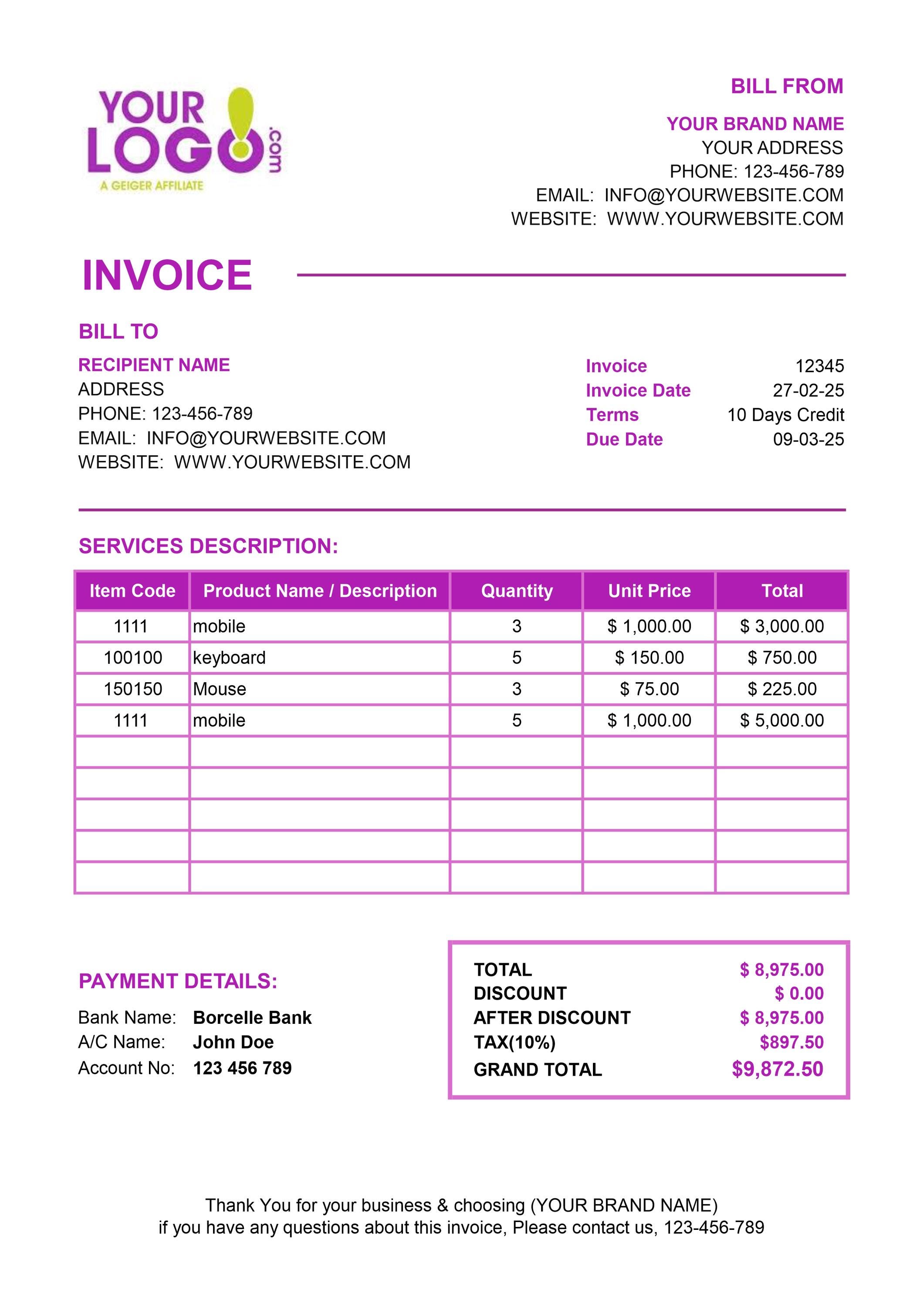 Automated Invoice Template Excel. Business Invoice With Your Database. Invoice Template Excel ...