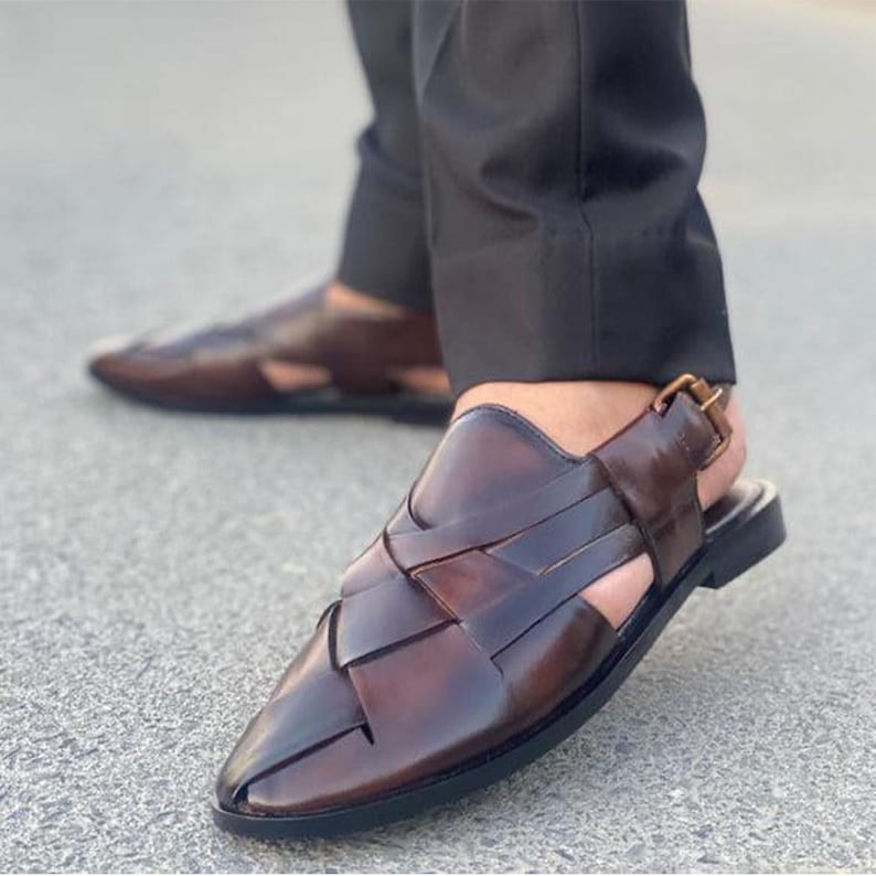 Handmade Brown Leather Peshawari Chappal Sandals: Traditional Mens ...