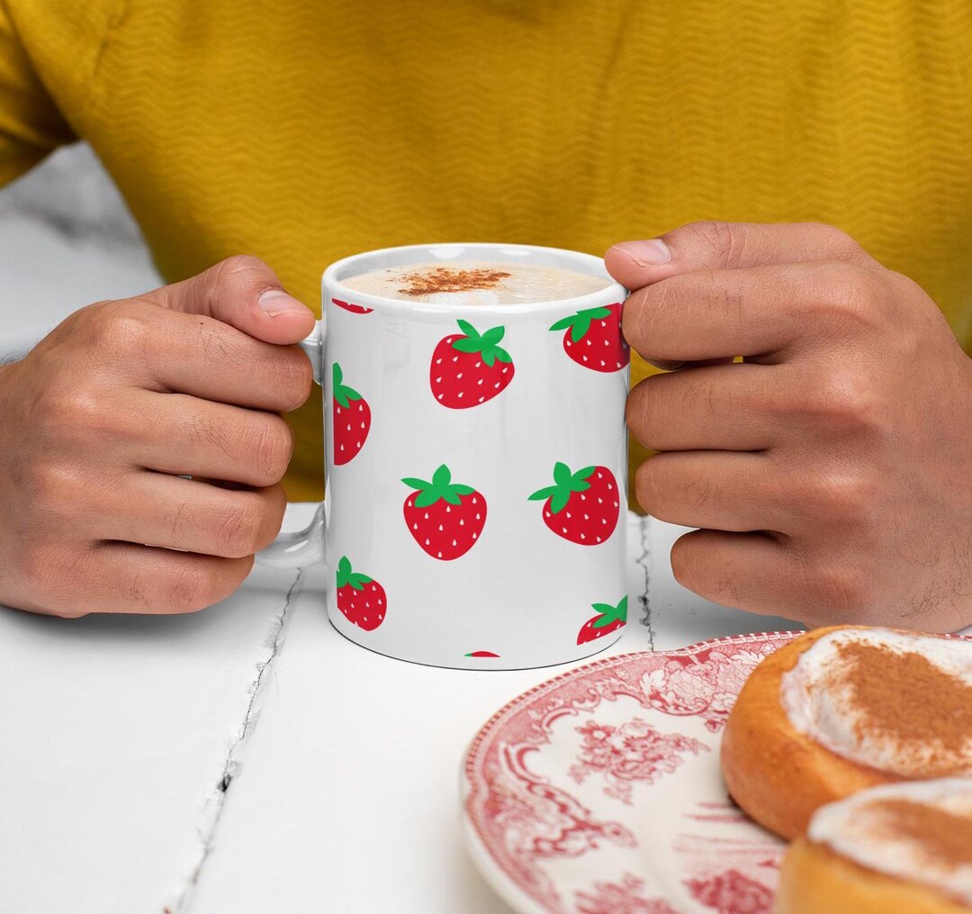 Strawberry Pattern Ceramic Mug, Cute Fruit Coffee Cup, Adorable Berry ...