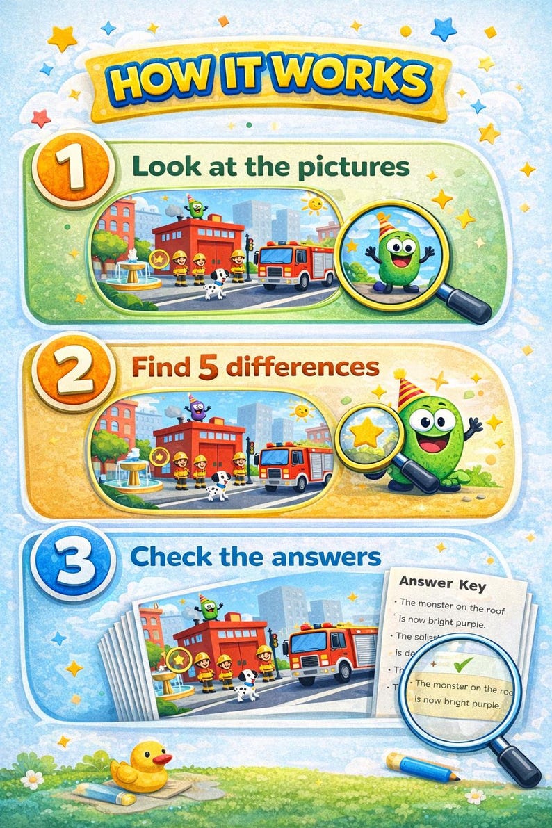 Spot the Difference Kids Book, 25 Puzzles Ages 3-10 (printable PDF) - Etsy