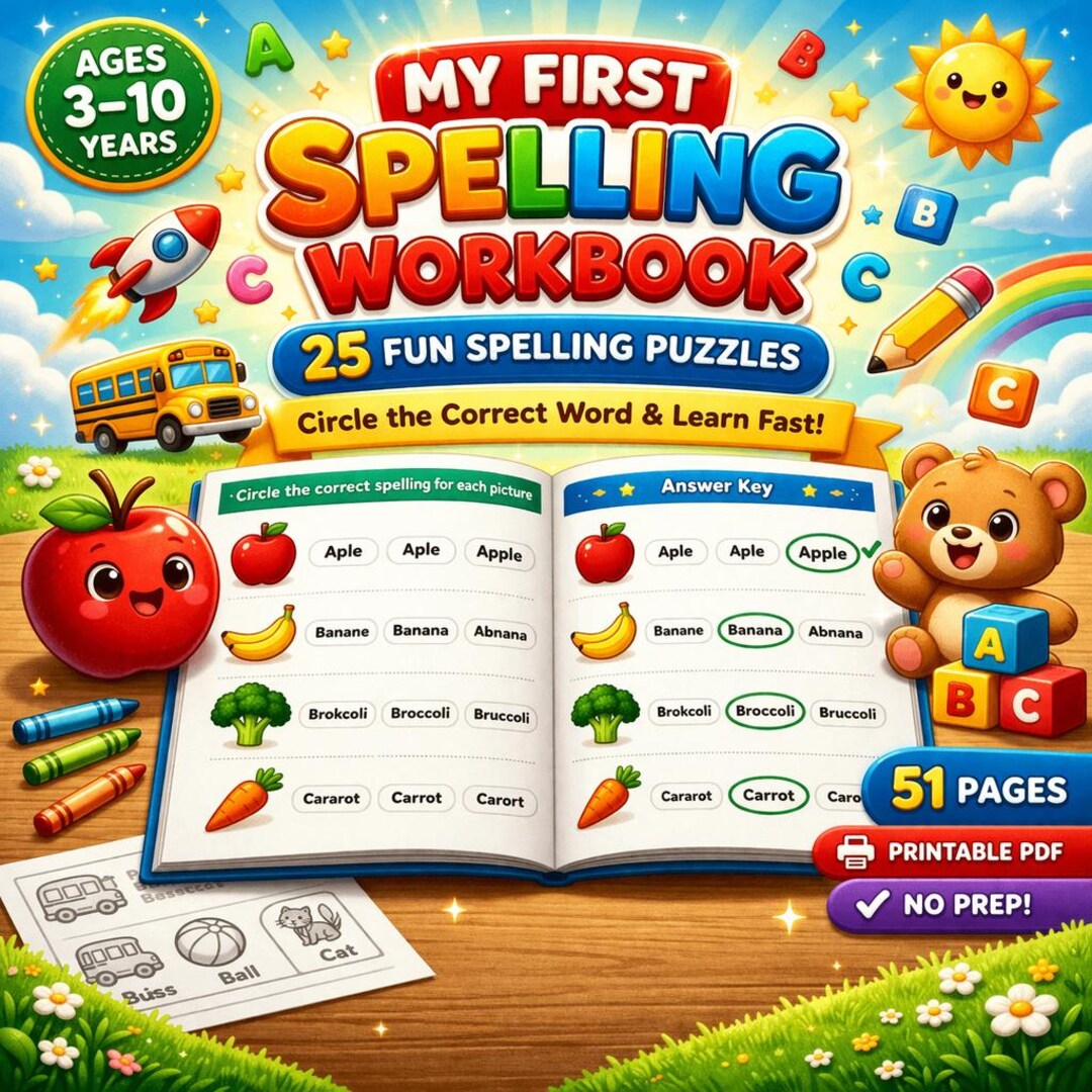 First Spelling Workbook Printable, Circle Correct Word Activity (PDF ...