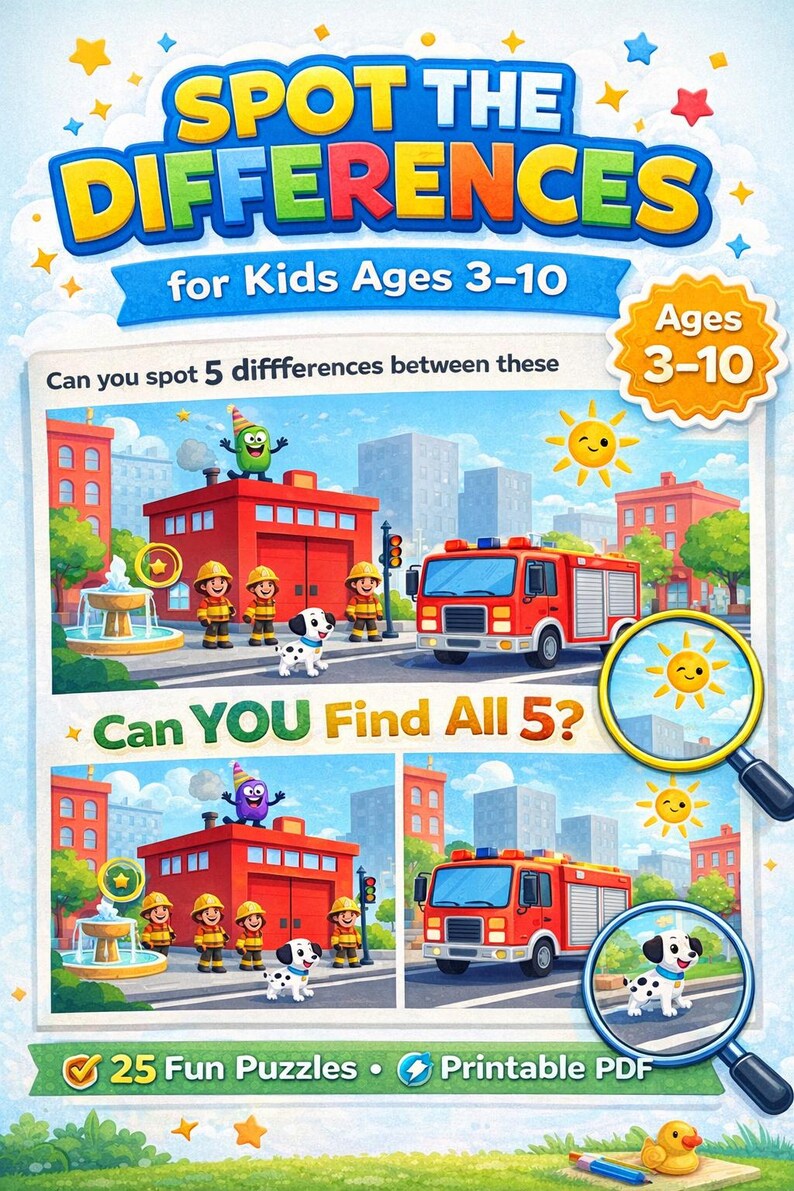 Spot the Difference Kids Book, 25 Puzzles Ages 3-10 (printable PDF) - Etsy