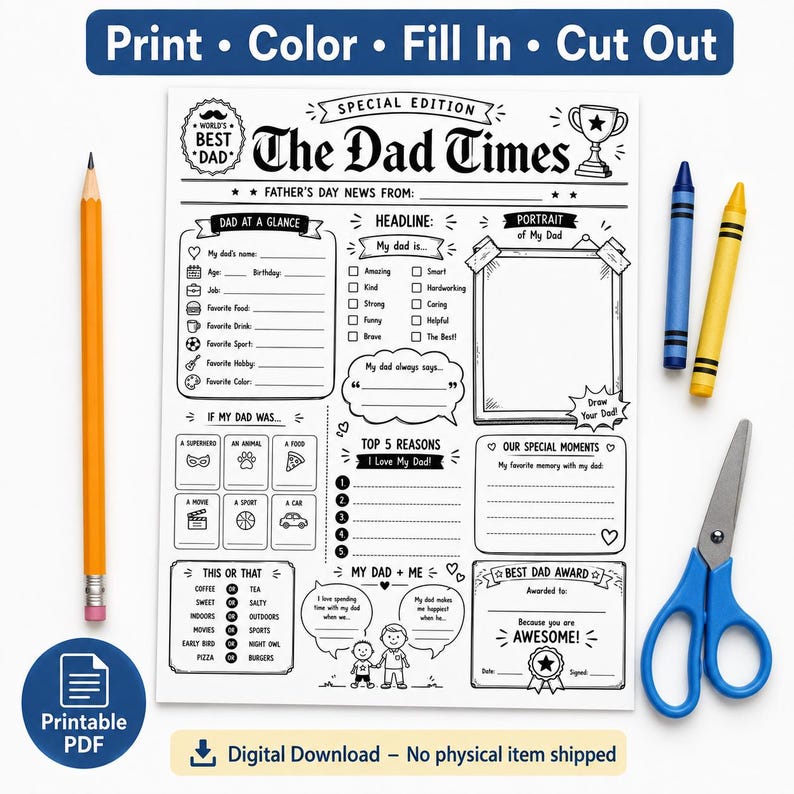 Father's Day Newspaper Printable, Kids Dad Questionnaire, Keepsake ...
